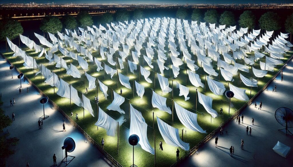 Hanging landscapes. A low-tech intervention made up of white fabric ...